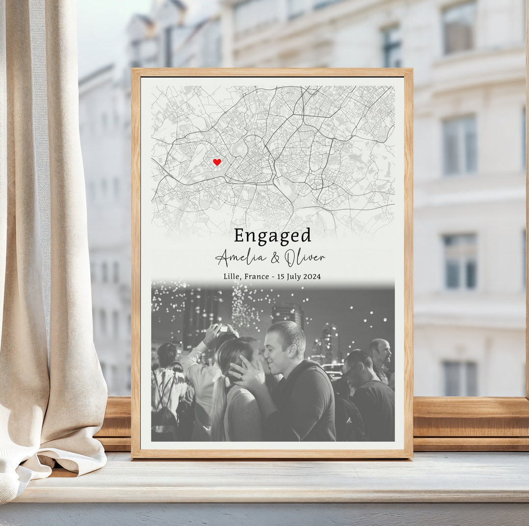 Engagement Print, Engagement Image & Map Print, Gift for Engaged Couple ...