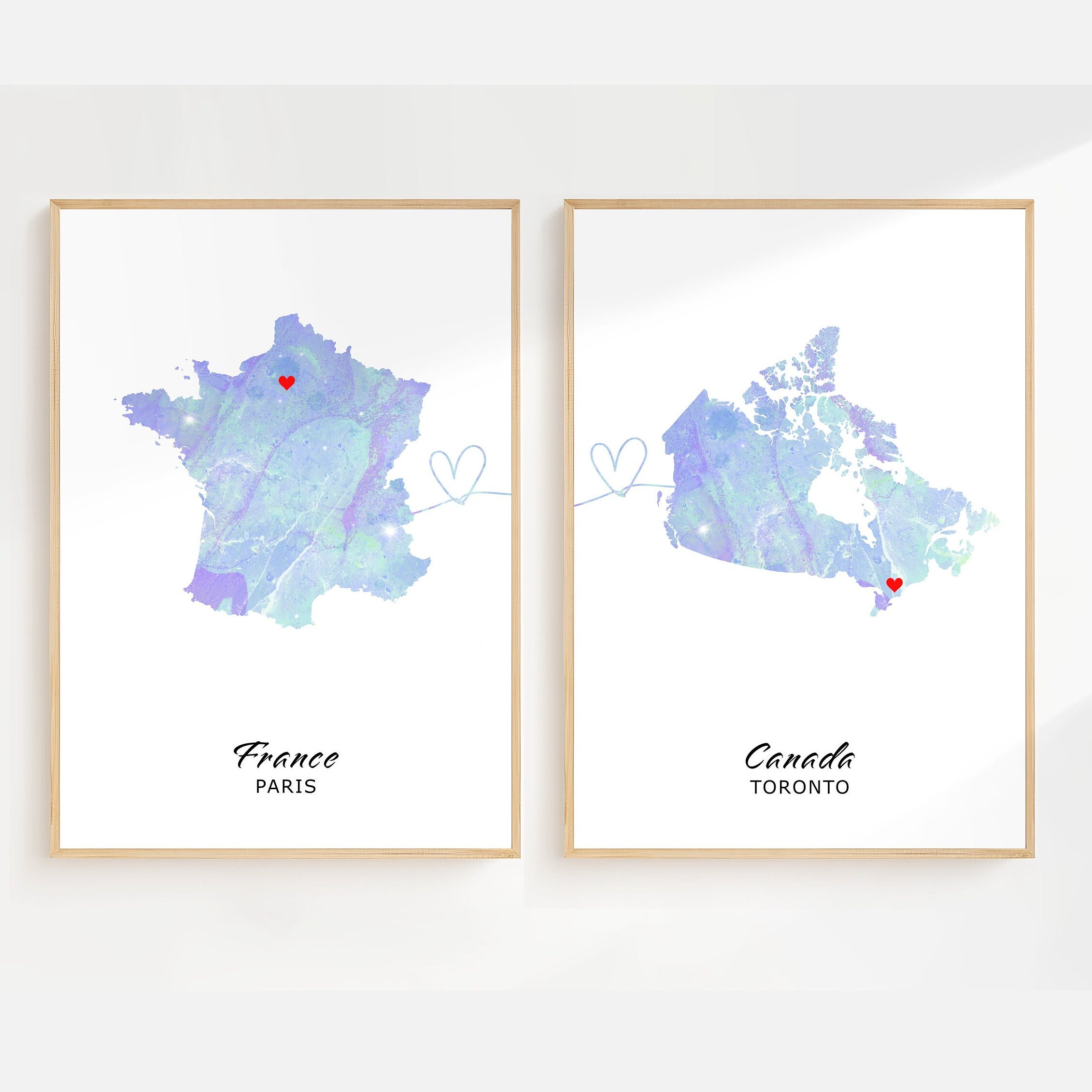 Personalised Watercolour Map Print Set of 2, Any Two Countries, Custom ...