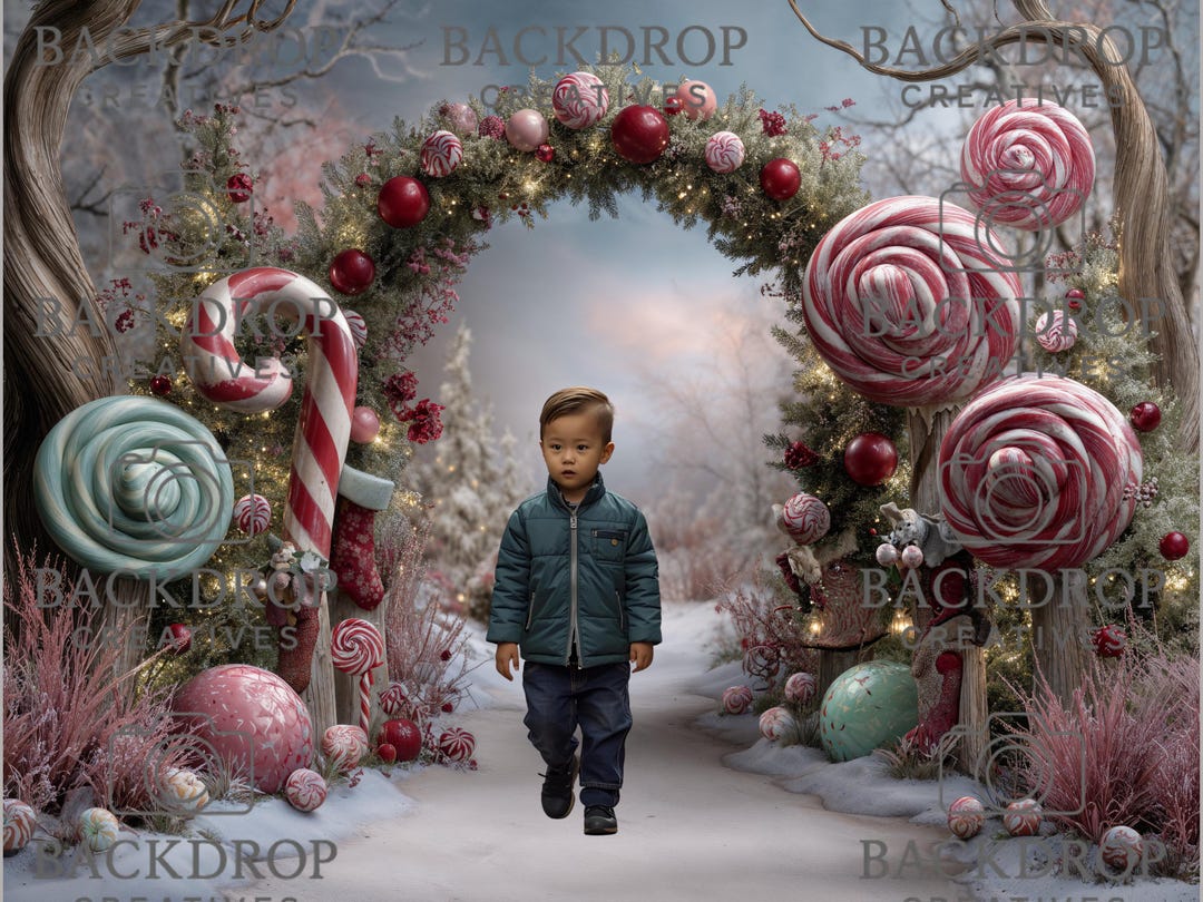 Winter Candy Cane Backdrop | Snowy Photo Backdrop | Christmas Lollipop ...