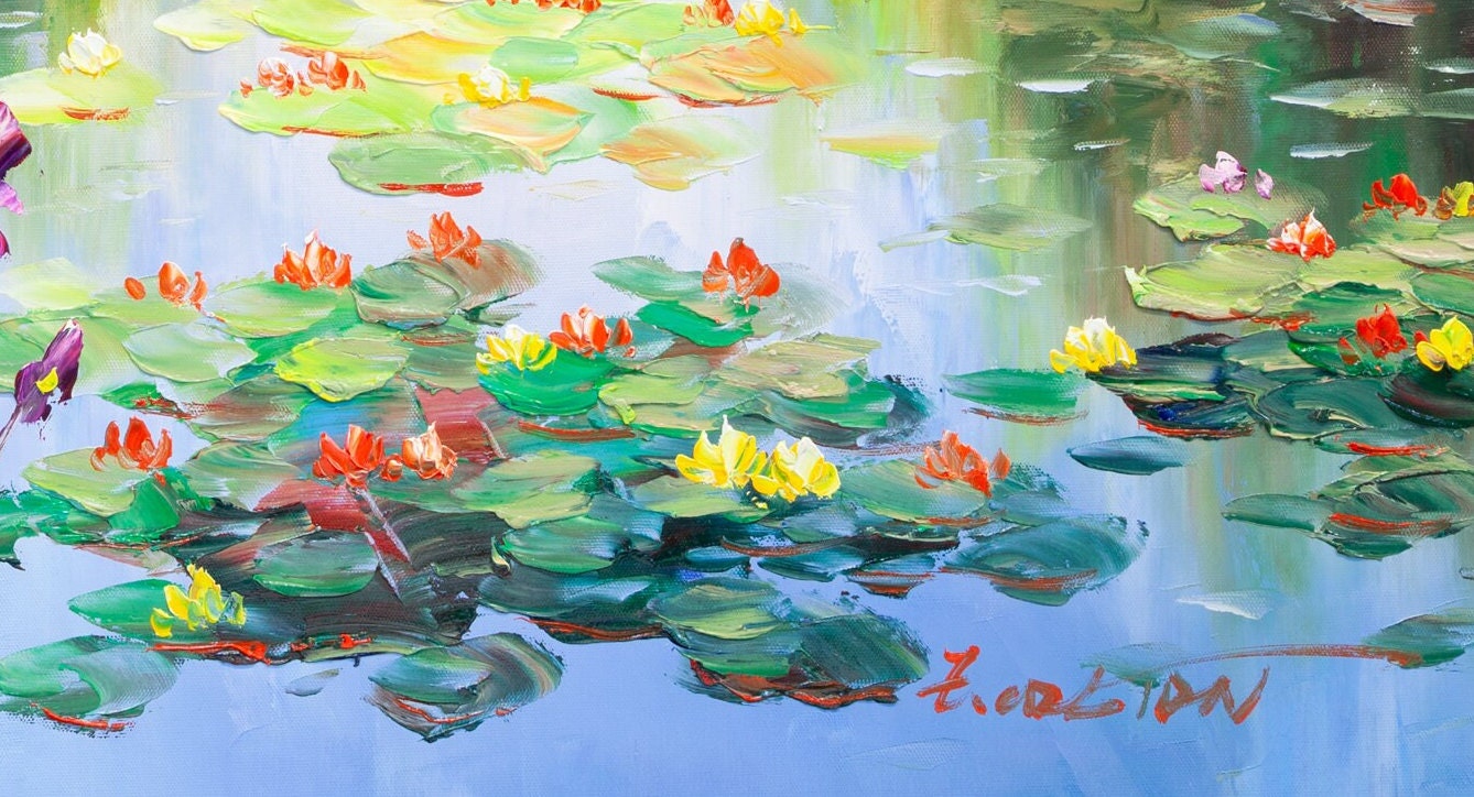 Monet Inspired Water Lily Pond Oil Painting on 24x36 Flat or Stretched ...