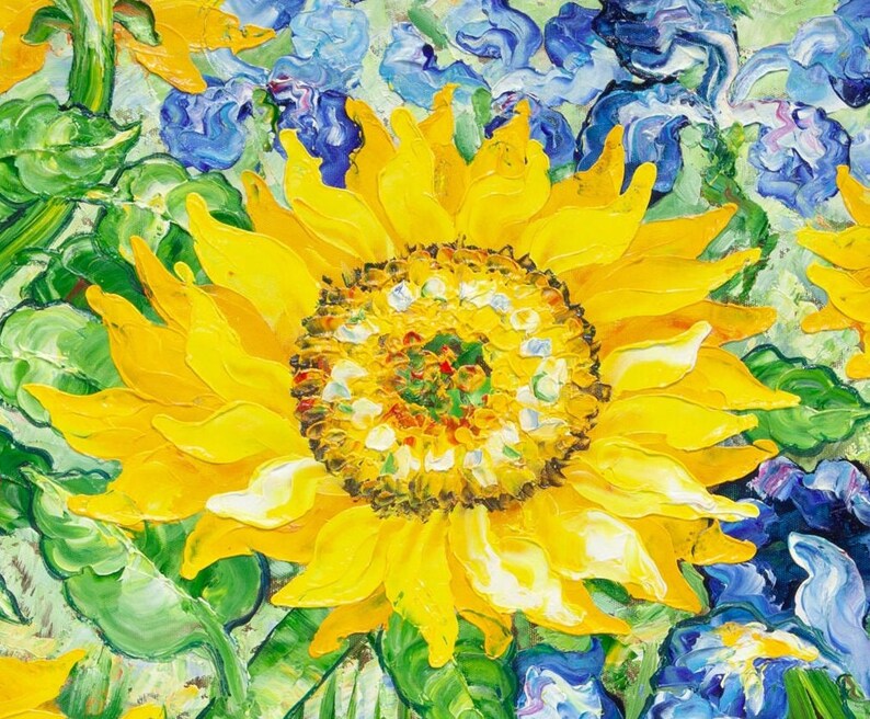 Sunflowers and Irises Reproduction Oil Painting on 24x36 Flat or Stretched Canvas Gallery ...