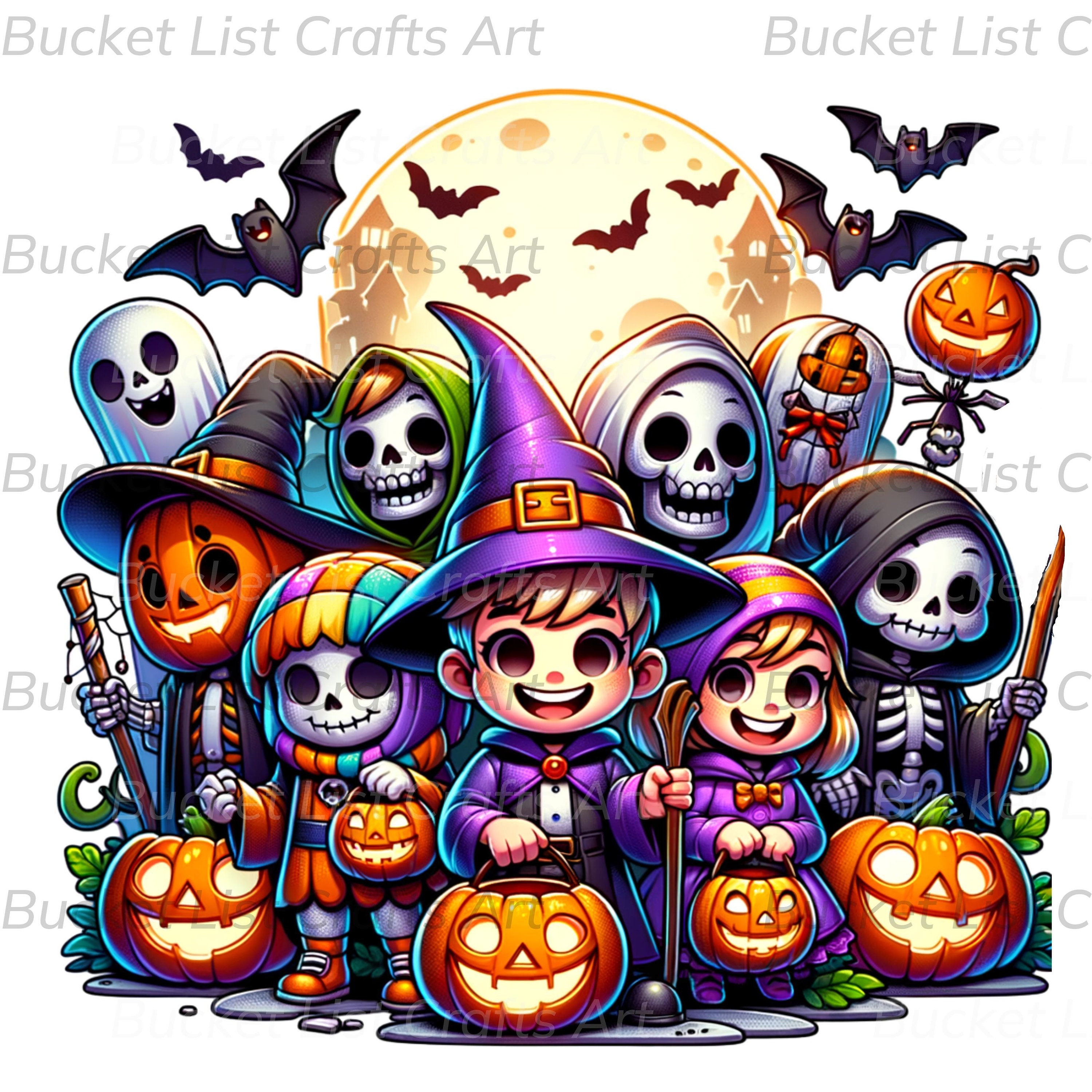 Set Cute Spooky Kids Halloween Clipart Instant Download Witch, Ghost ...