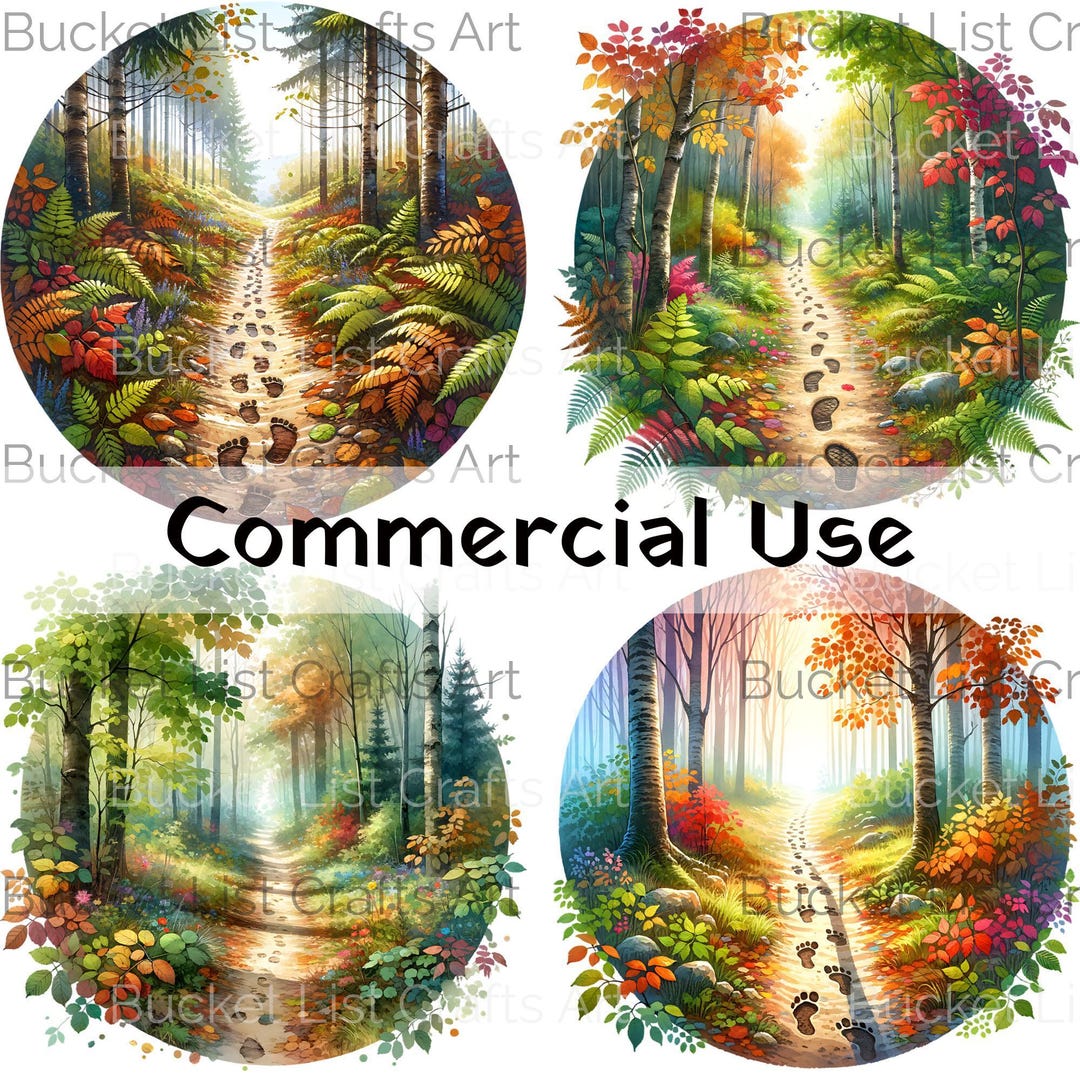 Serene Woodland Footprint Path Clipart - Vibrant Foliage Trees and ...