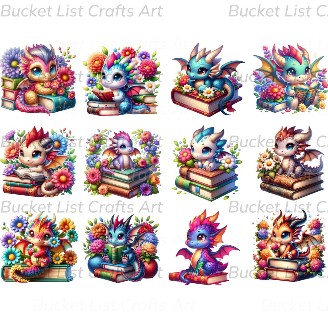 Charming Cute Dragon & Floral Clipart: Whimsical Digital Clipart Set ...