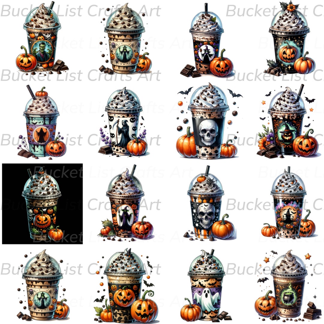 16 Halloween Coffee Clipart Set, Scary Goth Watercolor Iced Coffee ...