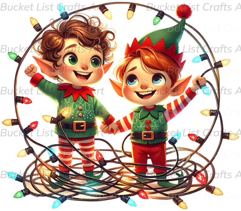 Cheerful Cartoon Elves Tangled in Colorful Lights - Festive Clipart ...