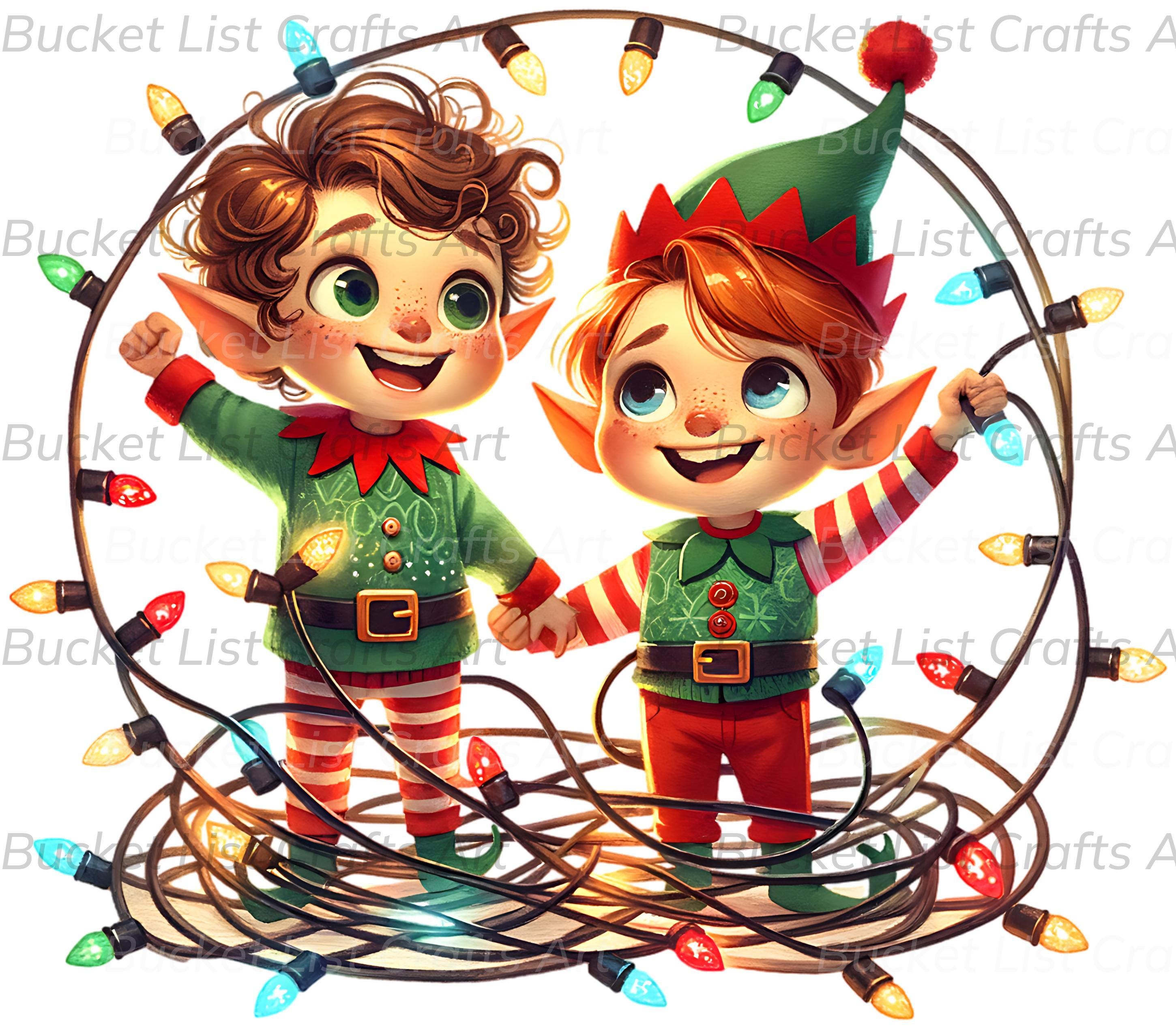Cheerful Cartoon Elves Tangled in Colorful Lights - Festive Clipart ...