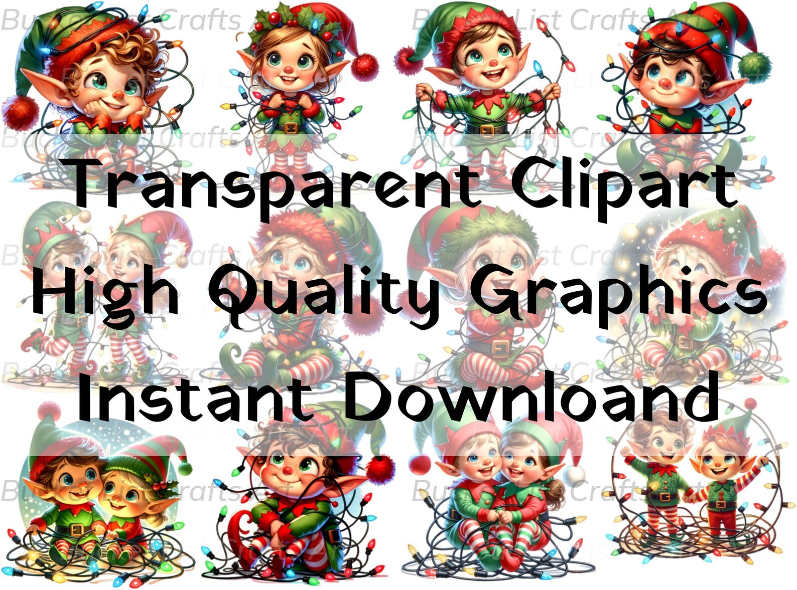 Cheerful Cartoon Elves Tangled in Colorful Lights - Festive Clipart ...