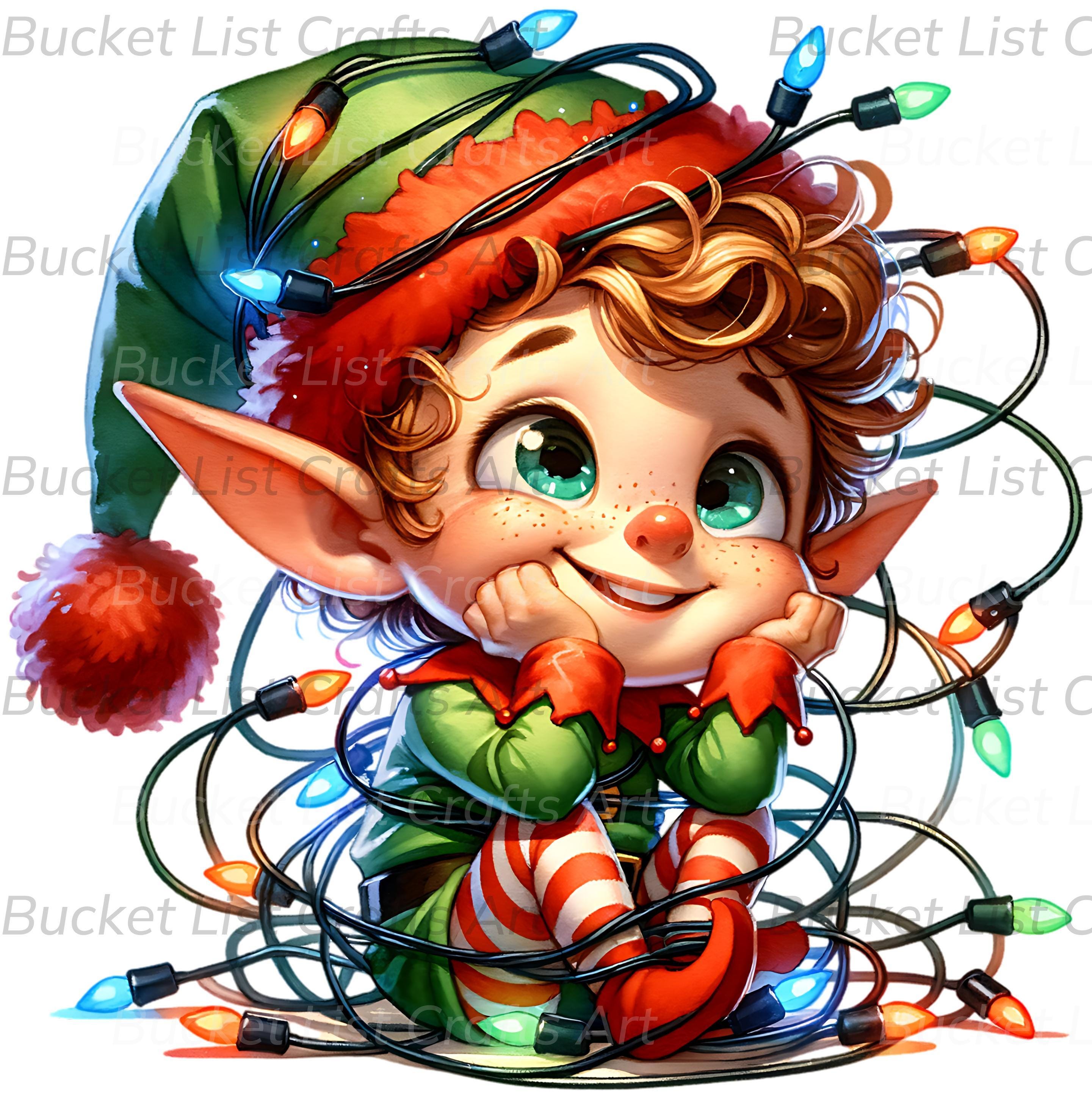 Cheerful Cartoon Elves Tangled in Colorful Lights - Festive Clipart ...