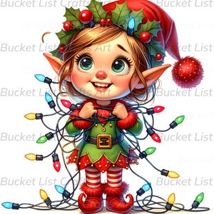Cheerful Cartoon Elves Tangled in Colorful Lights - Festive Clipart ...