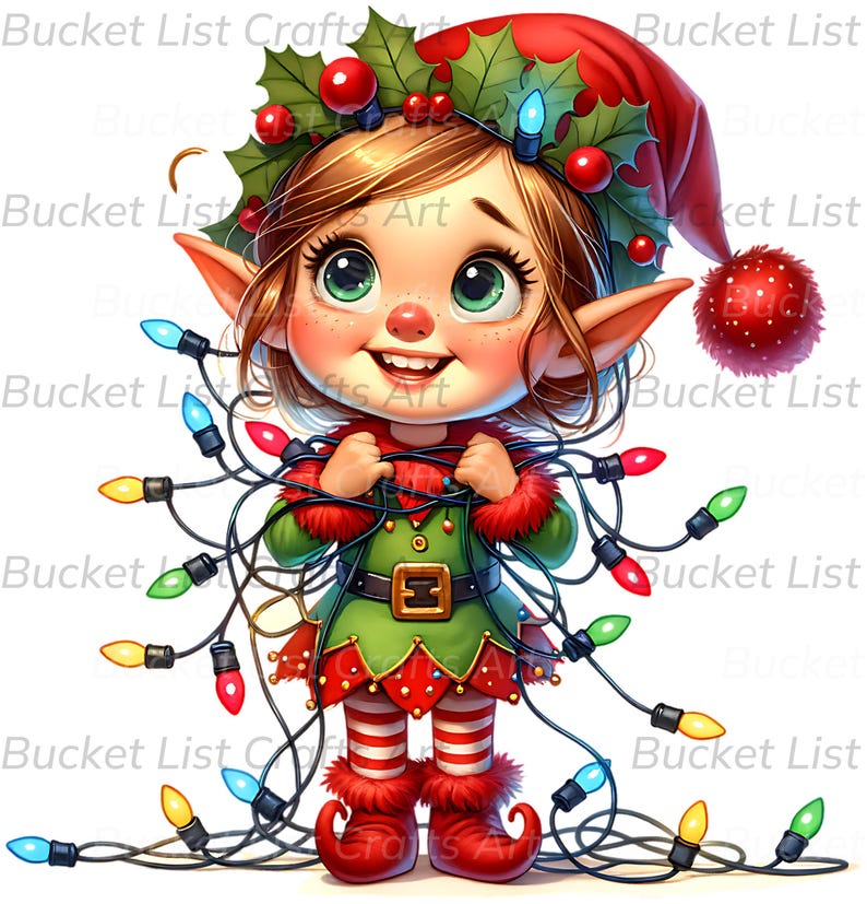 Cheerful Cartoon Elves Tangled in Colorful Lights - Festive Clipart ...