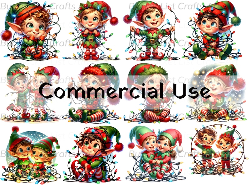 Cheerful Cartoon Elves Tangled in Colorful Lights - Festive Clipart ...