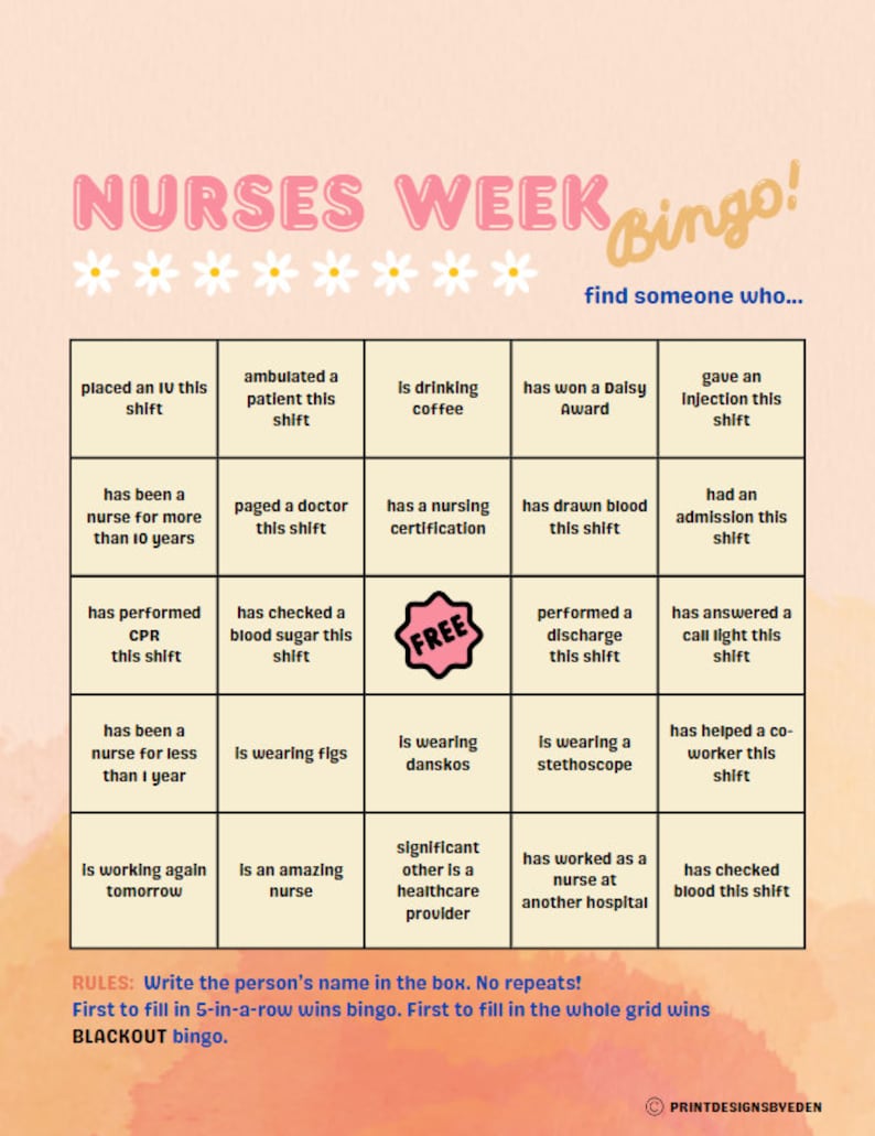 Fun Nurse Human Bingo Printable Game, Team Icebreaker, Medical Surgical ...