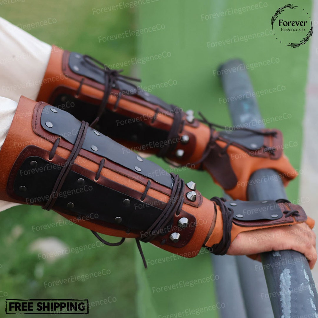 Viking Medieval Leather Bracers, Samurai Cosplay Knight Armor, Fingerless Long Leather Gloves ...