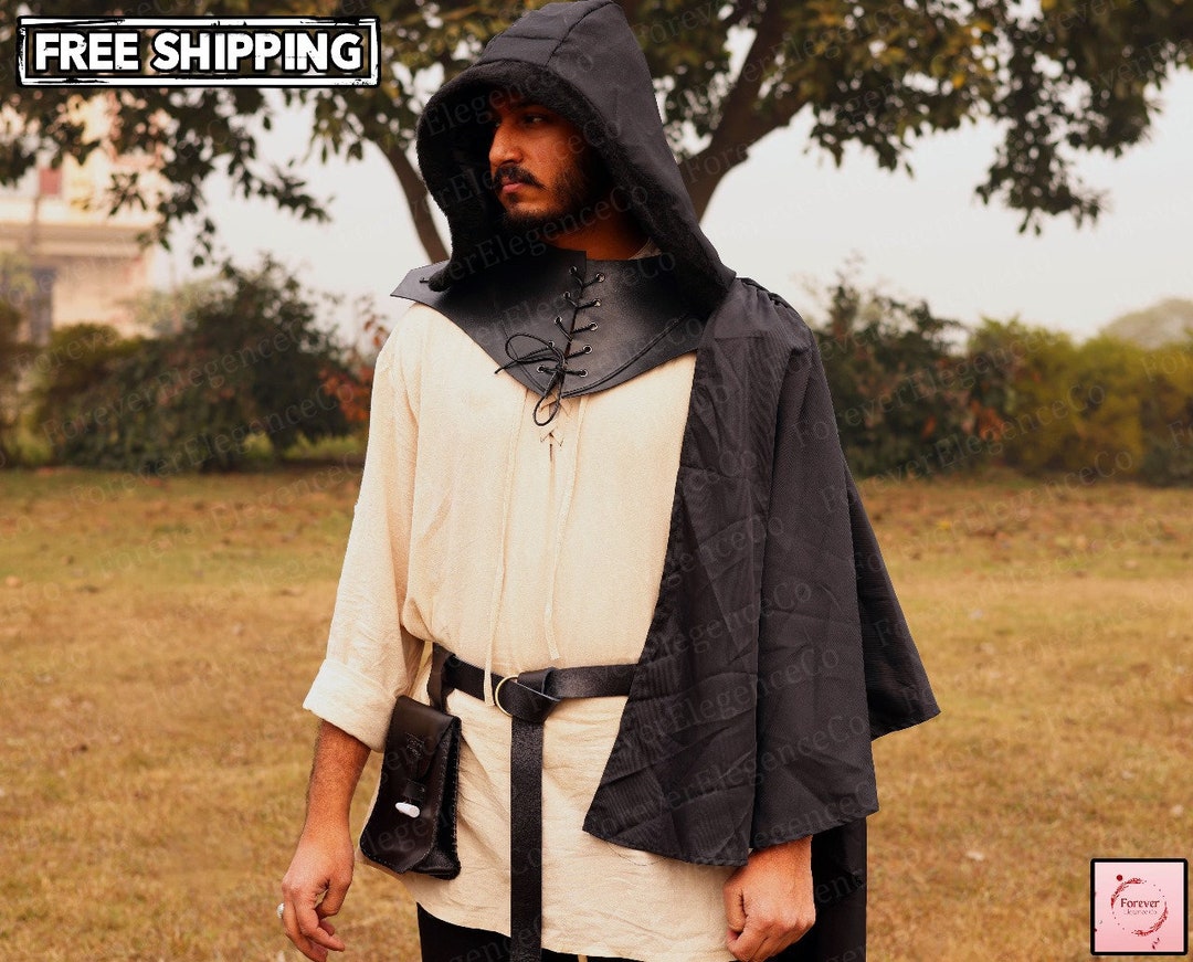Ren Faire Medieval Cloak With Hood, Renaissance Viking Wizard Cloak, Knight Larp Leather Armor ...