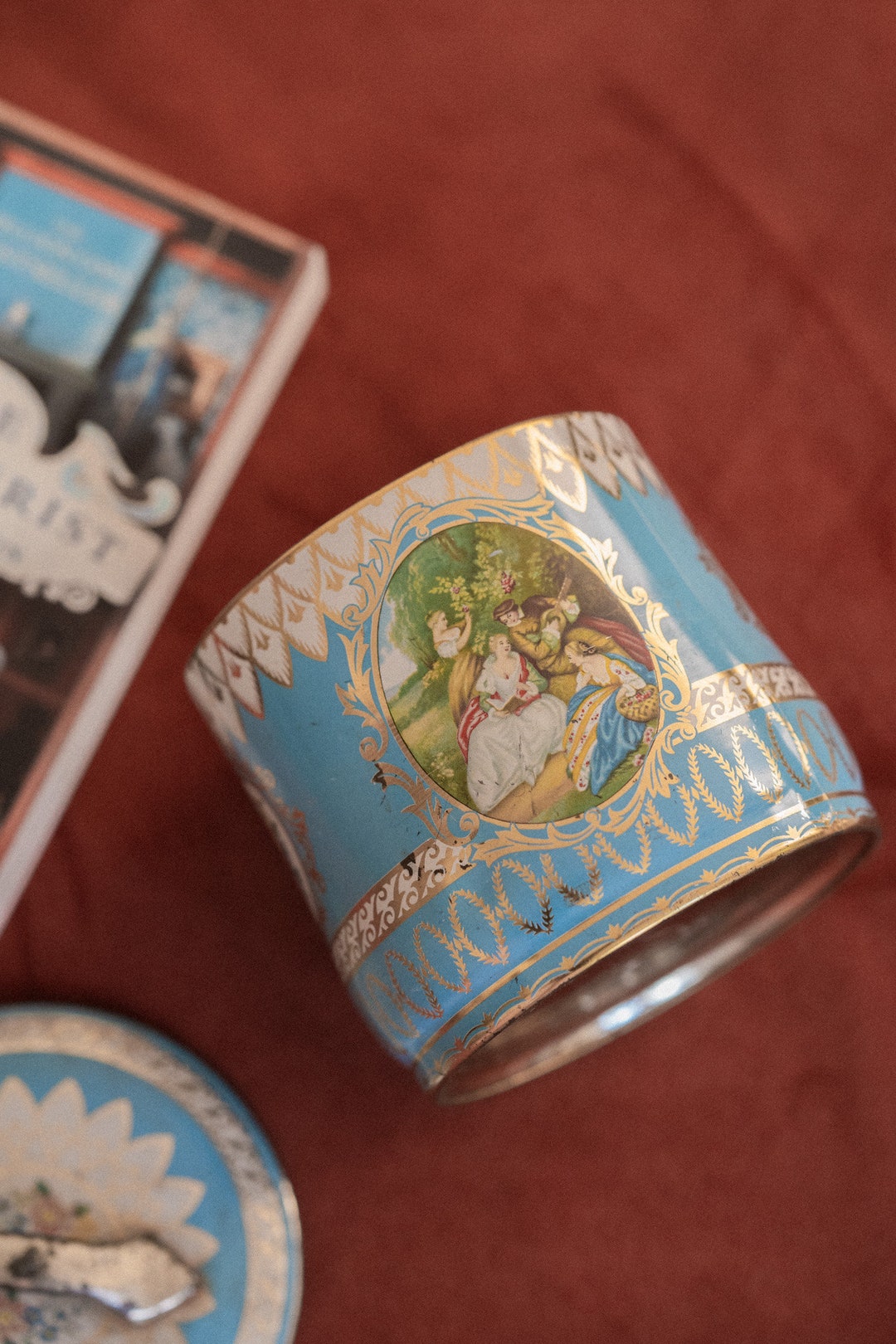 Vintage 1960s Blue Tin Box With Gold Accents, Old Fashioned Georgian ...