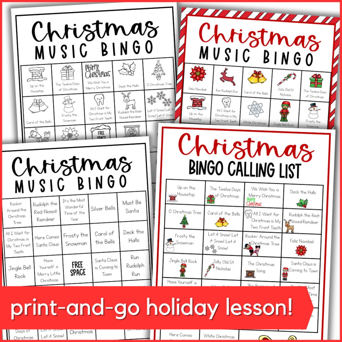 Christmas Music Bingo Game Cards - Printable Christmas Song Bingo With ...