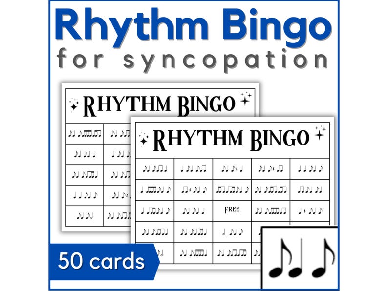 Music Rhythm Bingo Game for Syncopation - Printable Music Bingo Cards ...