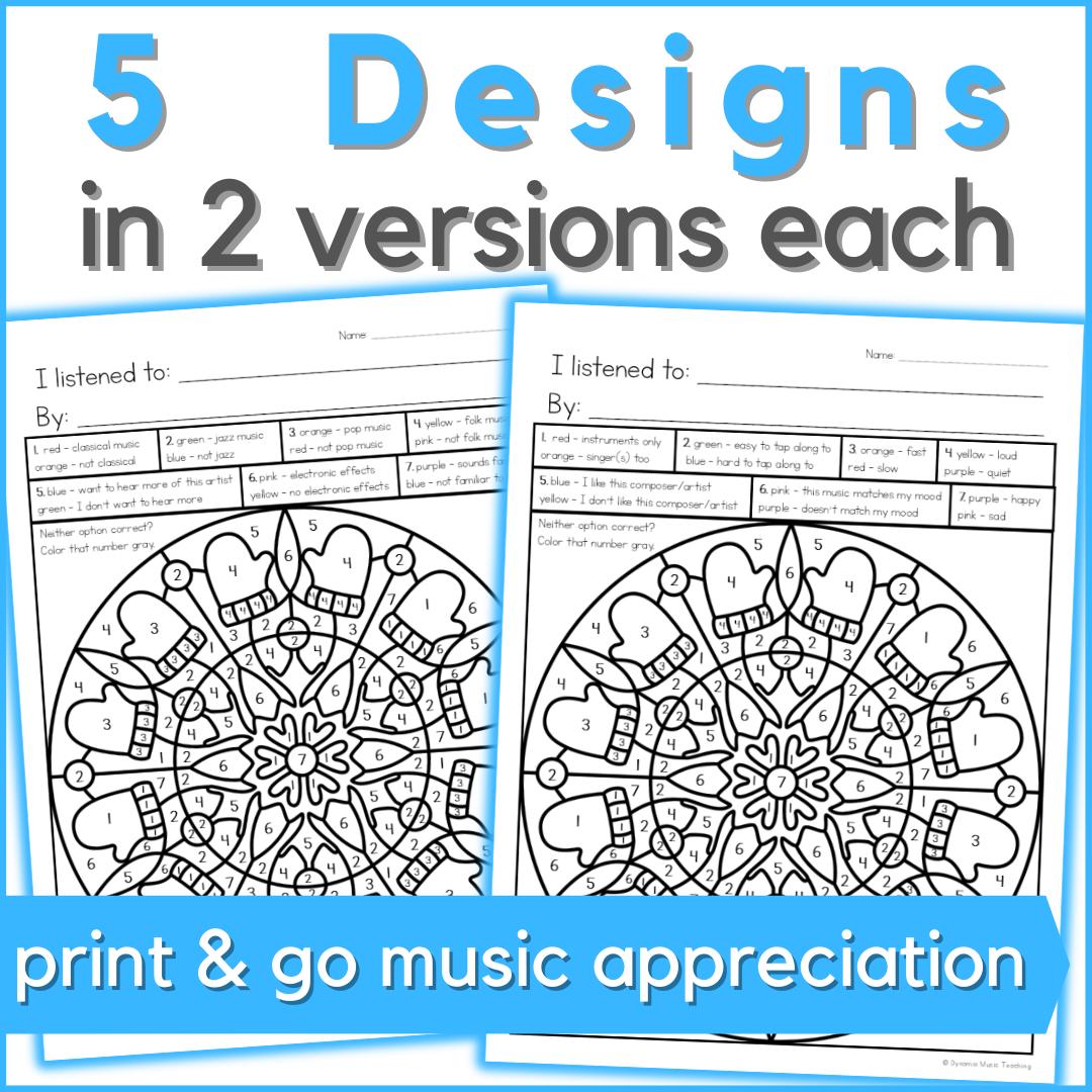 Winter Color by Music Listening Glyph Worksheets - Music Appreciation ...