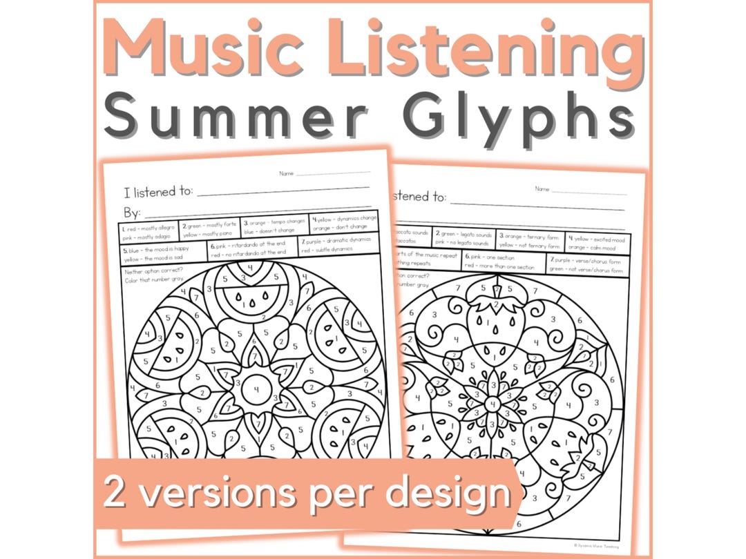 Summer Color by Music Listening Glyph Worksheets, End of the Year Music ...