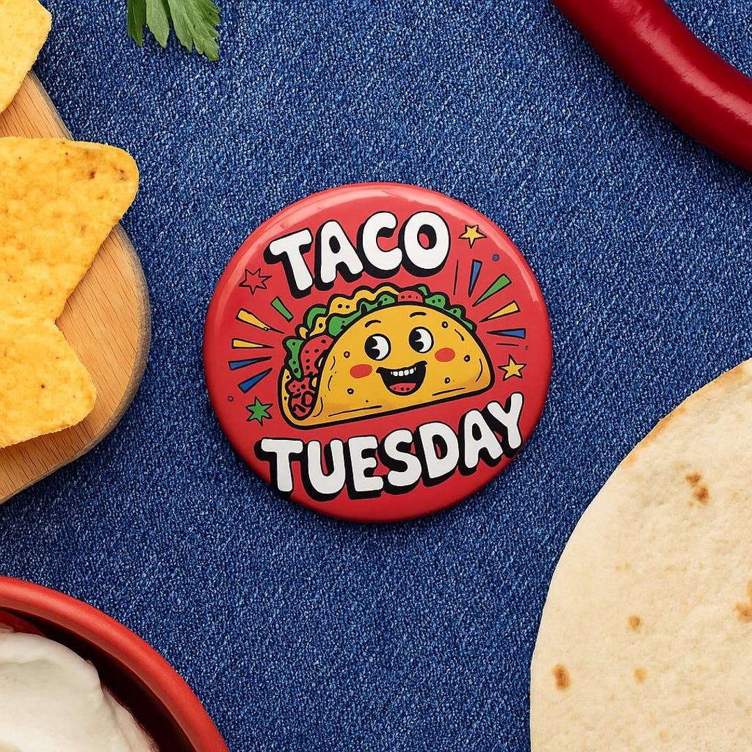 Retro Taco Tuesday | Pin Button, Fun Comic Style Badge, Colorful ...