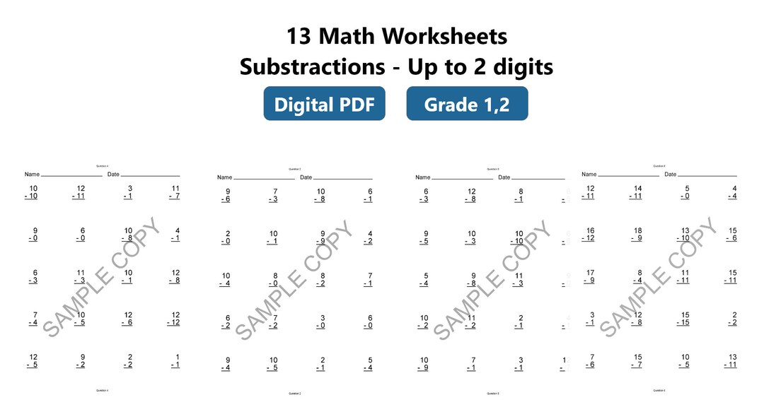 13 Pages - Subtraction Worksheets - 2 Digits Random Numbers - With ...