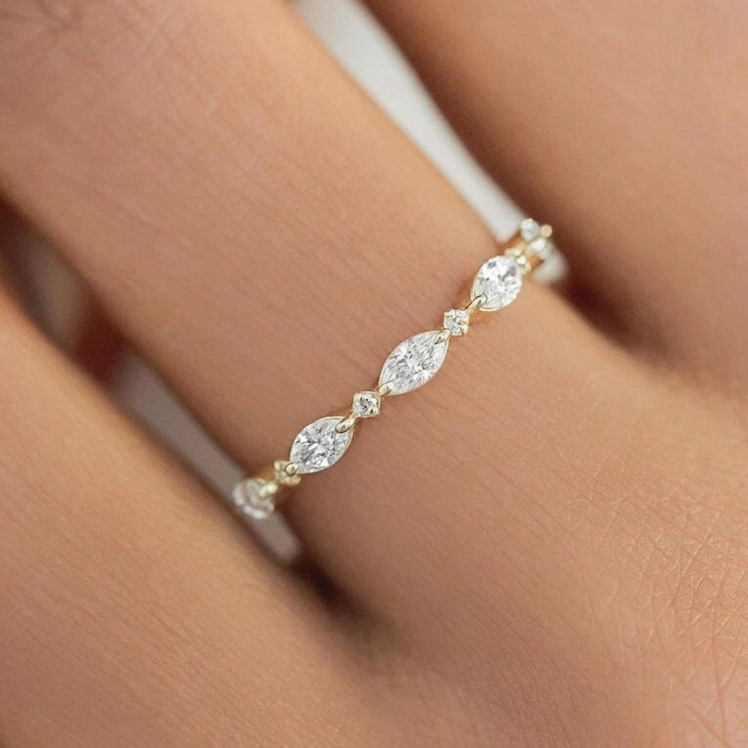 Minimalist Ring, Marquise Daimond Engagement Band, 14K Solid Gold Ring ...