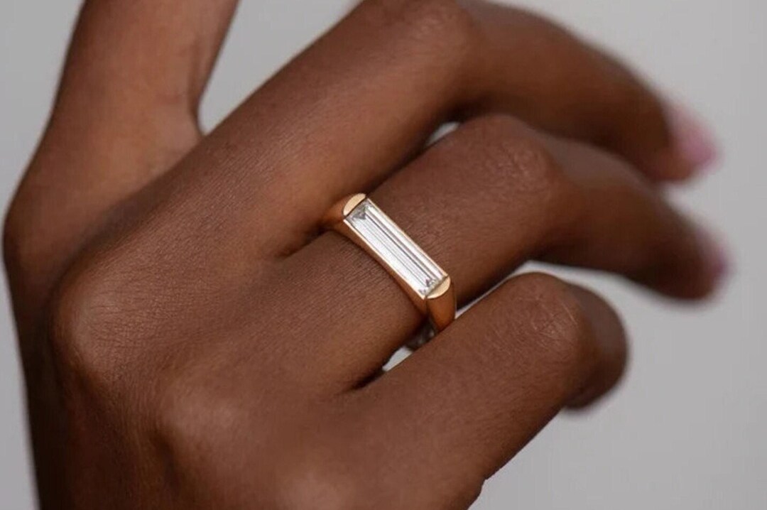 Classic Solitaire 2 CT Baguette Cut Moissanite Engagement Ring, Bezel ...