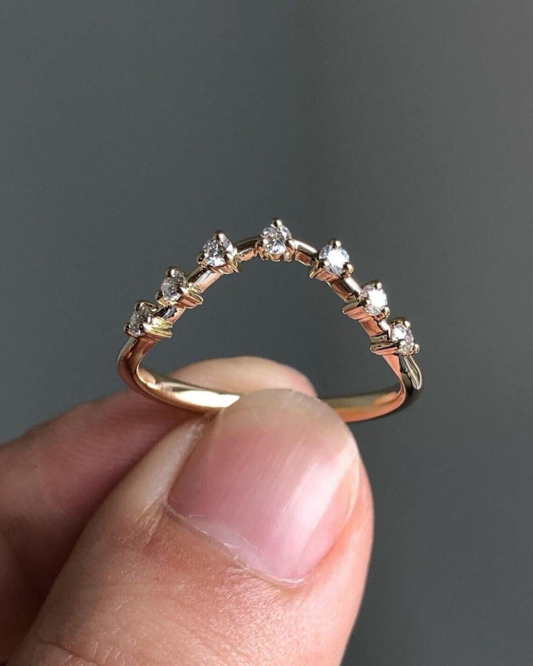 Lab Diamond Curved Wedding Band, Solid Gold Contour Ring - Etsy