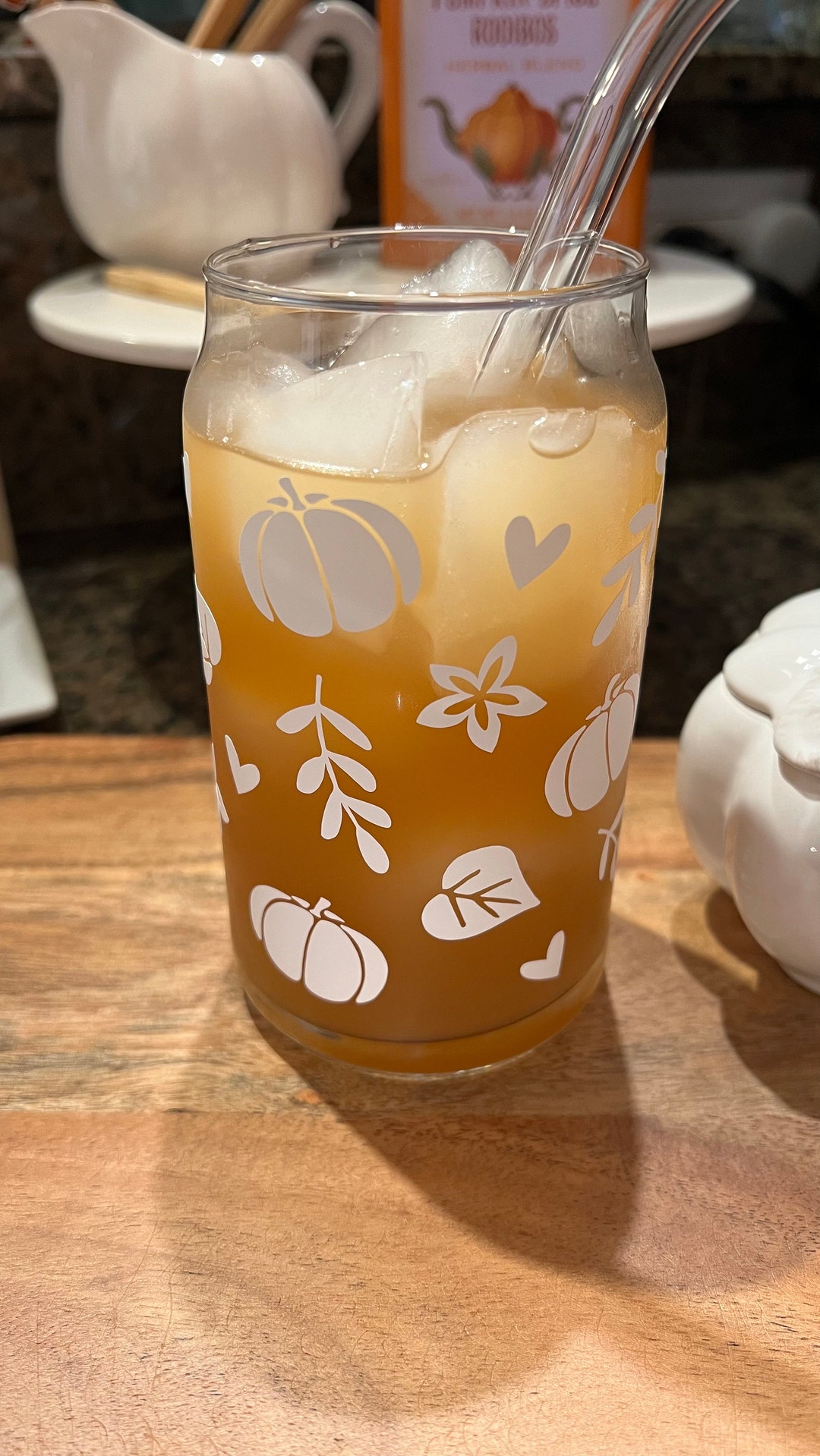Pumpkin and Leaves 16 Oz Libby Cup With Glass Straw, Fall, Autumn ...