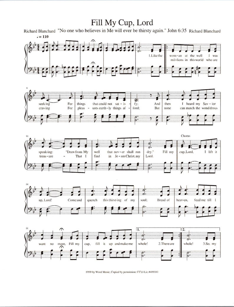 Fill My Cup Lord - Printable Hymn Tune With Lyrics - Key of B Flat - Etsy