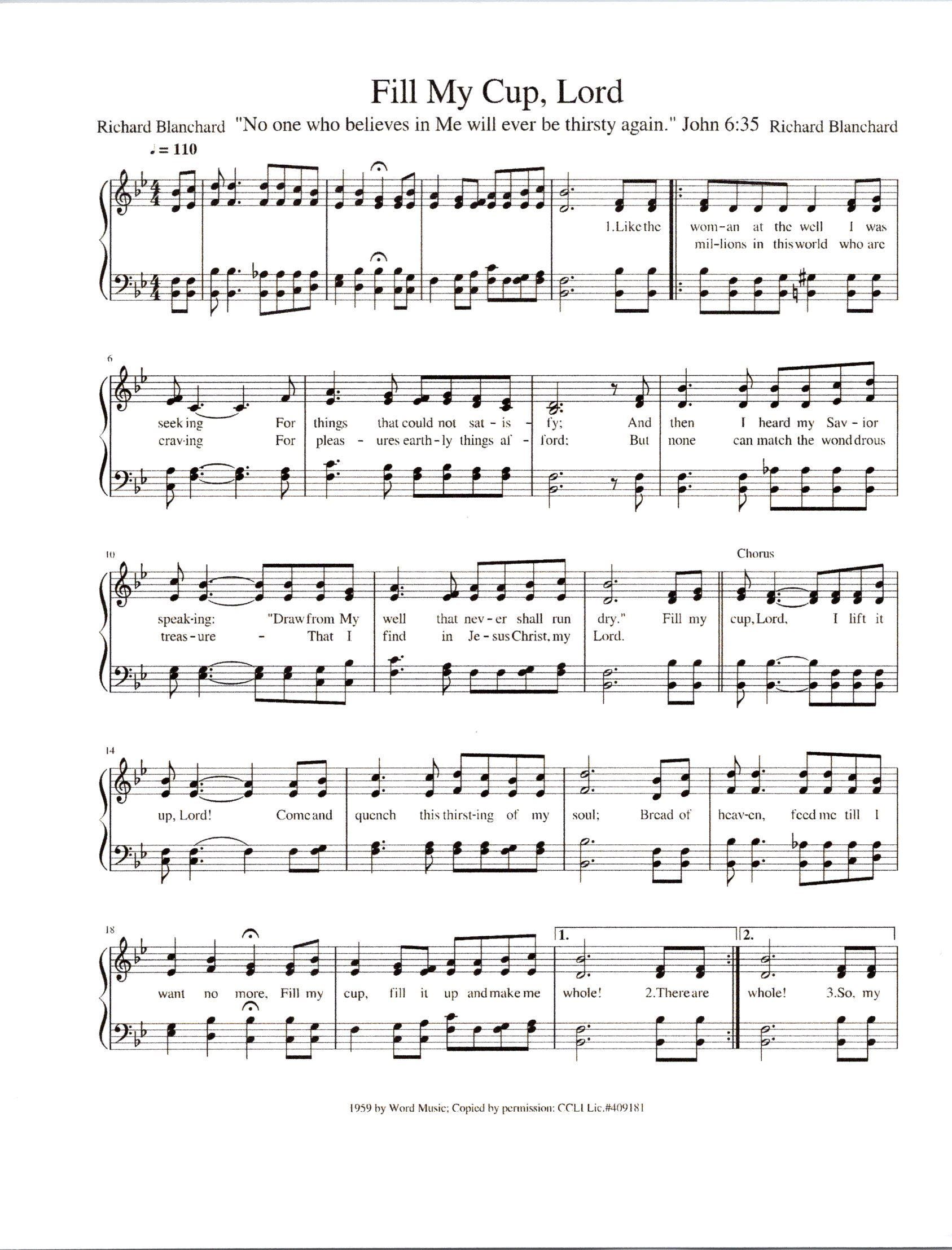 Fill My Cup Lord - Printable Hymn Tune With Lyrics - Key of B Flat - Etsy