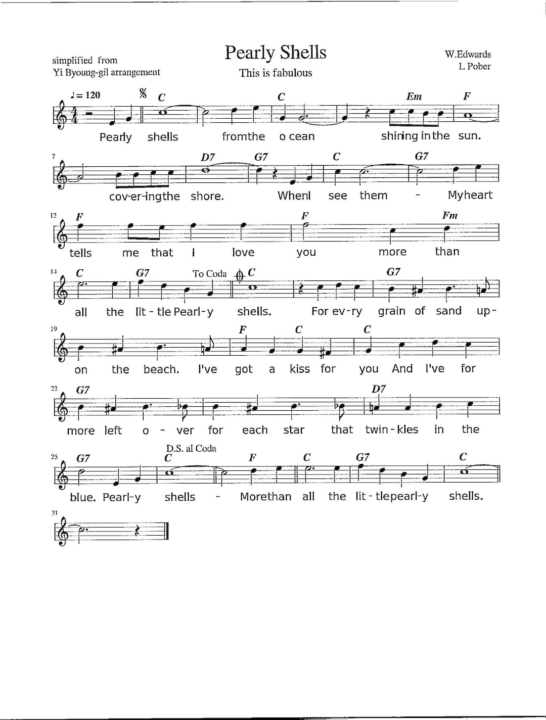 Pearly Shells - Digital Download Chart Lead Sheet for Piano Ukulele and ...