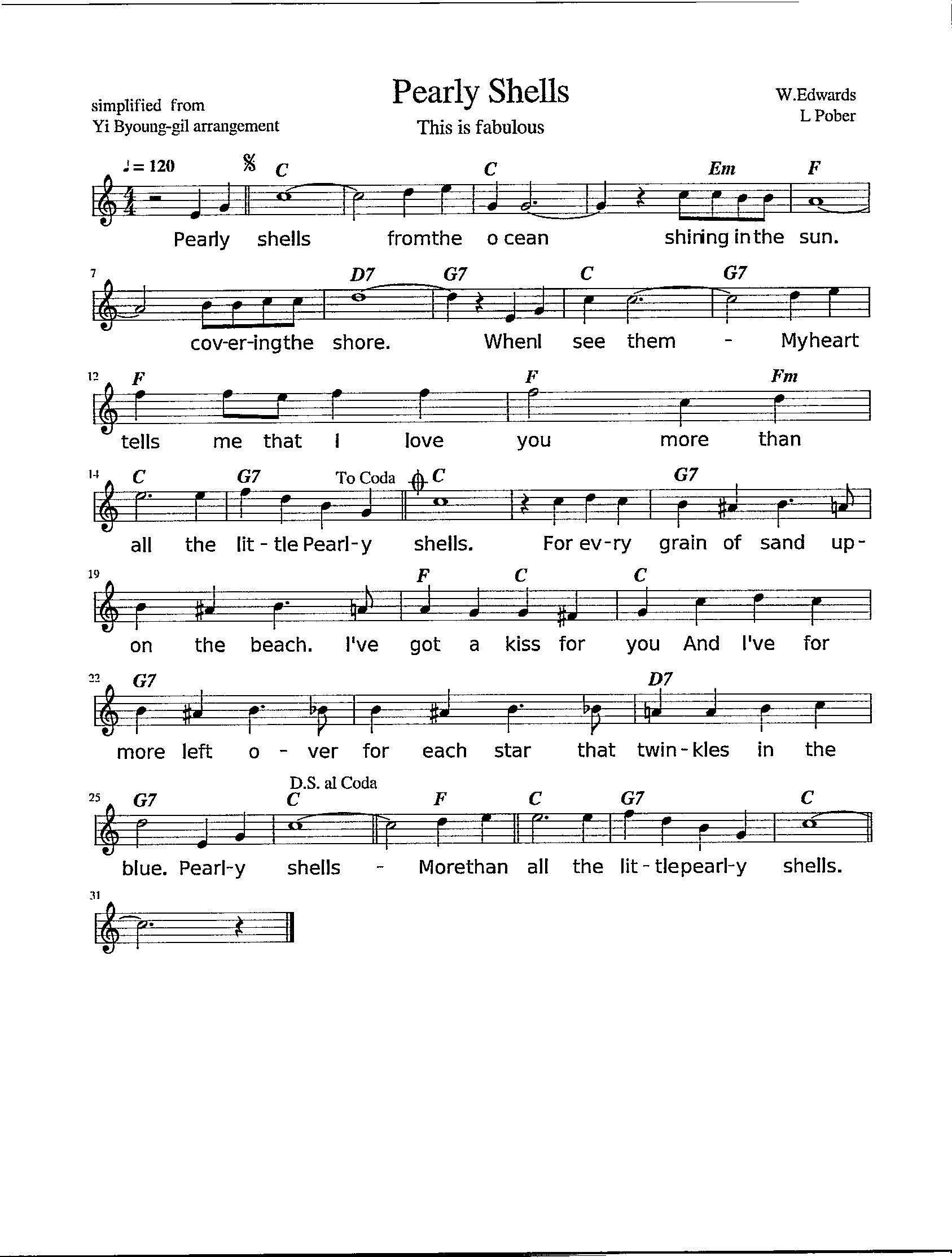 Pearly Shells - Digital Download Chart Lead Sheet for Piano Ukulele and ...