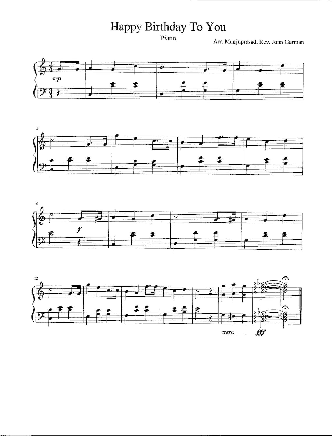 Happy Birthday to You - Digital Easy Sheet Music Piano Solo - Key of C ...
