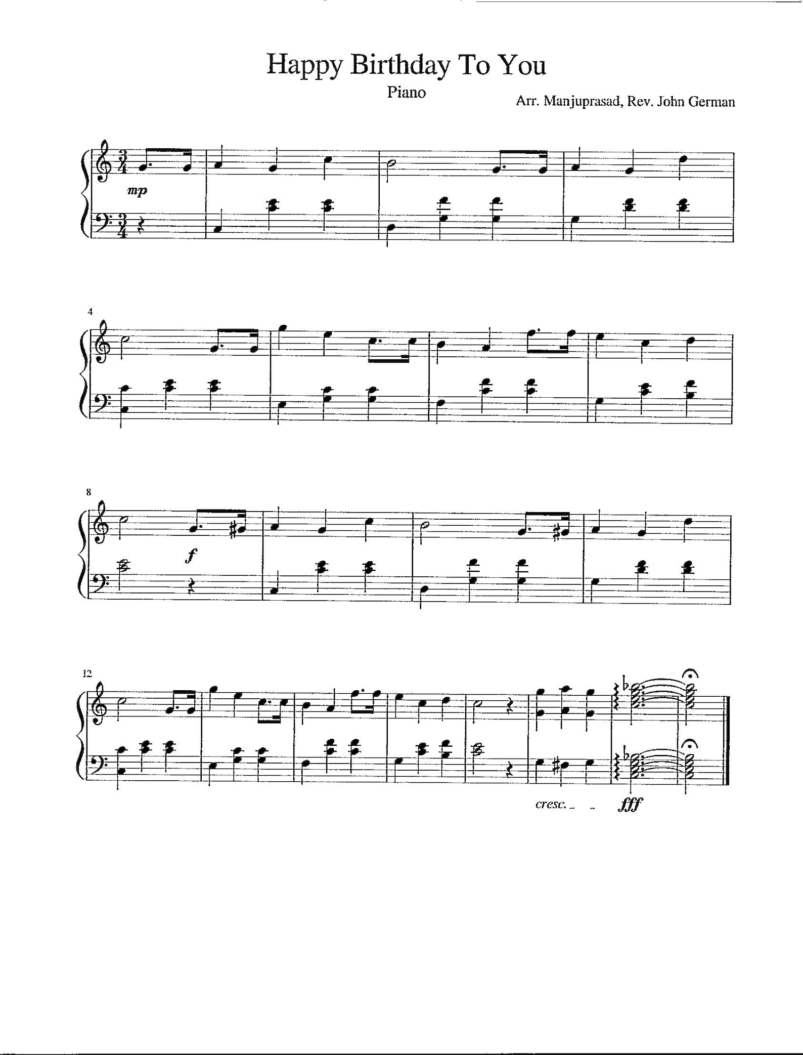 Happy Birthday to You - Digital Easy Sheet Music Piano Solo - Key of C ...