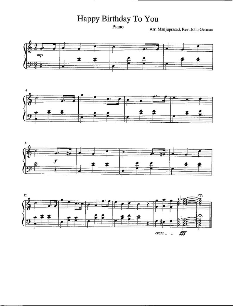 Happy Birthday to You - Digital Easy Sheet Music Piano Solo - Key of C ...