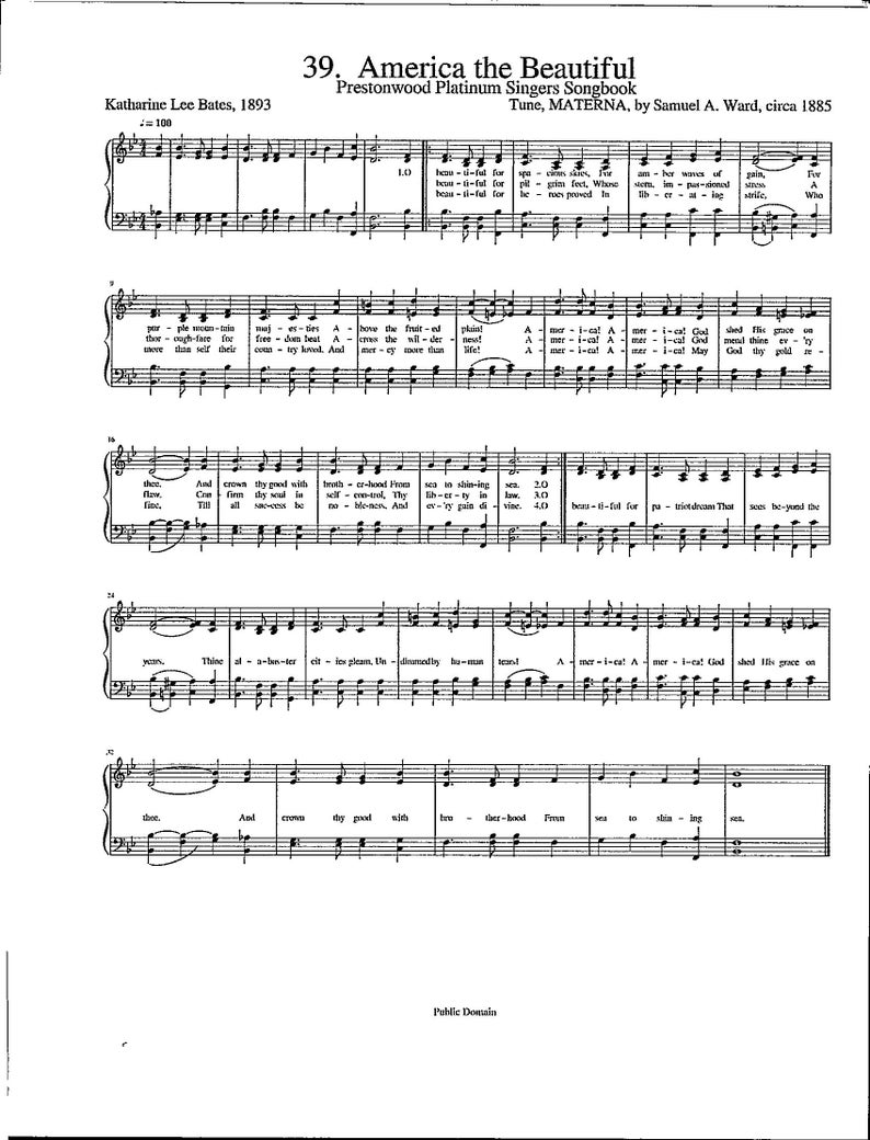 America the Beautiful - Digital Download Sheet Music for Piano With ...