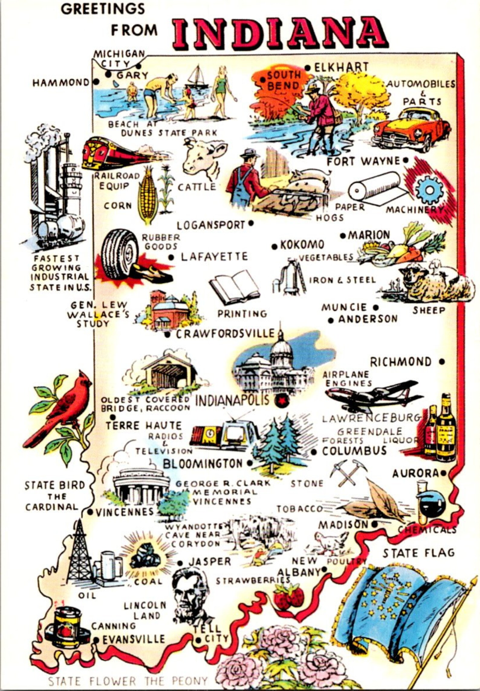 Postcard Indiana Statistics Nickname Population Area State Information ...