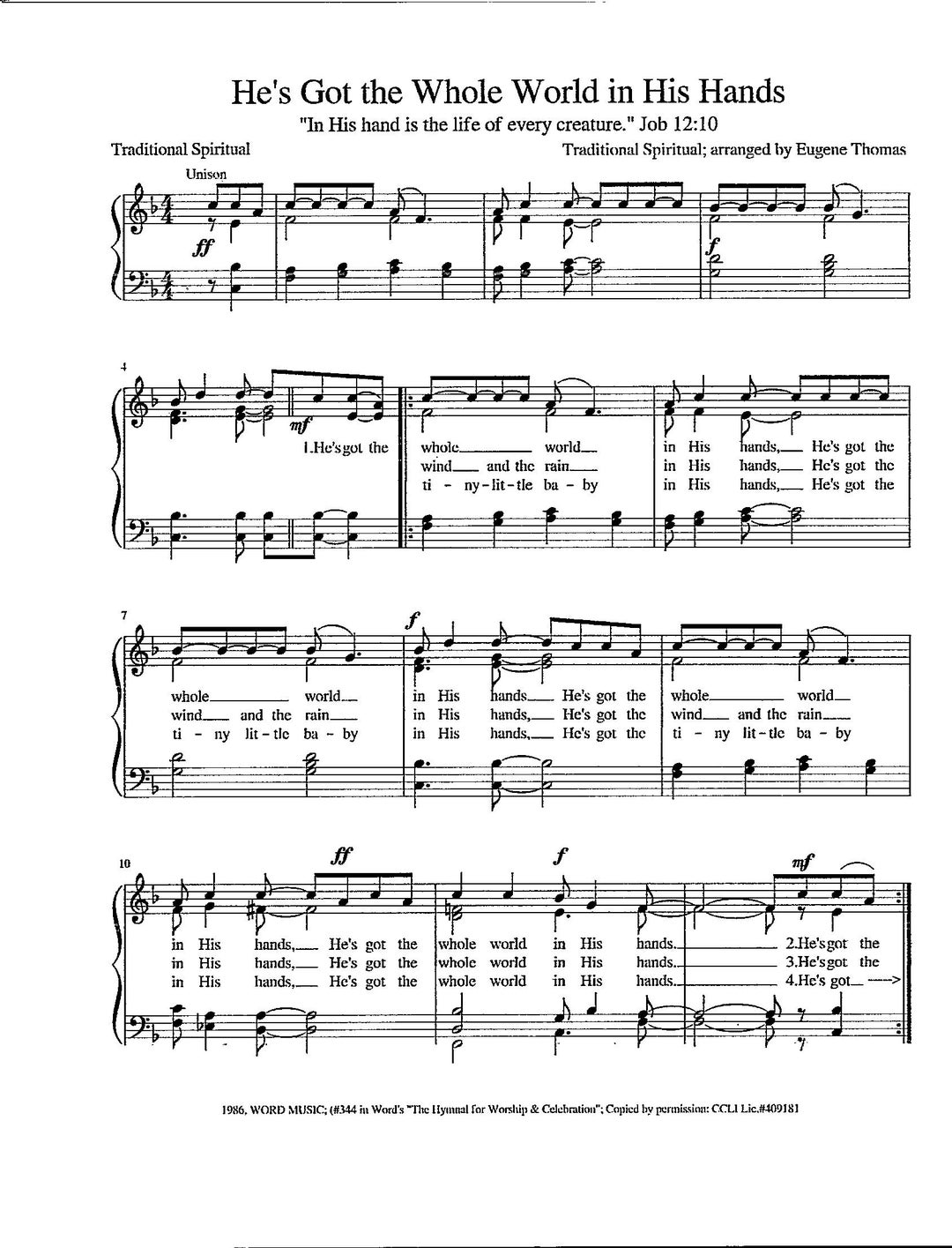 He's Got the Whole World in His Hands - Digital Download Hymn Sheet ...