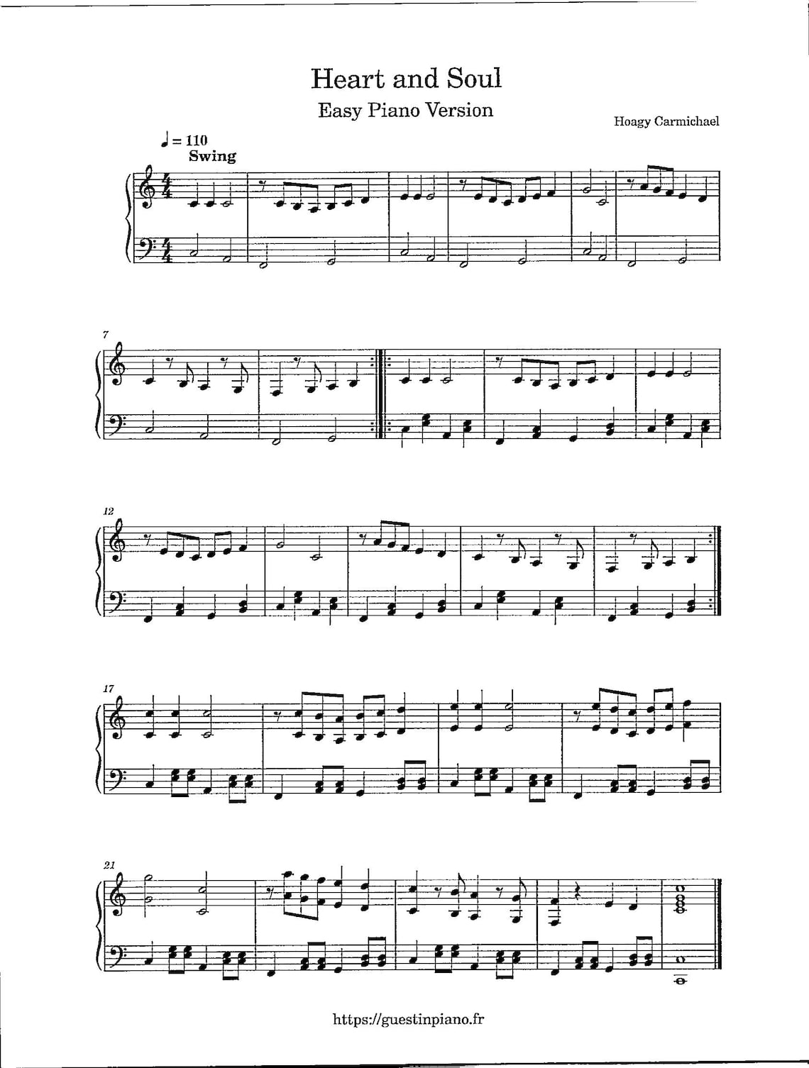 Heart and Soul - Digital Easy Piano Solo Arrangement - Key of C - Etsy