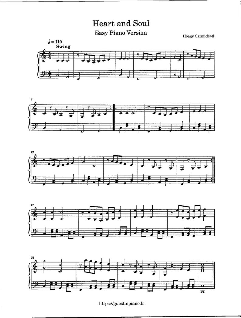 Heart and Soul - Digital Easy Piano Solo Arrangement - Key of C - Etsy