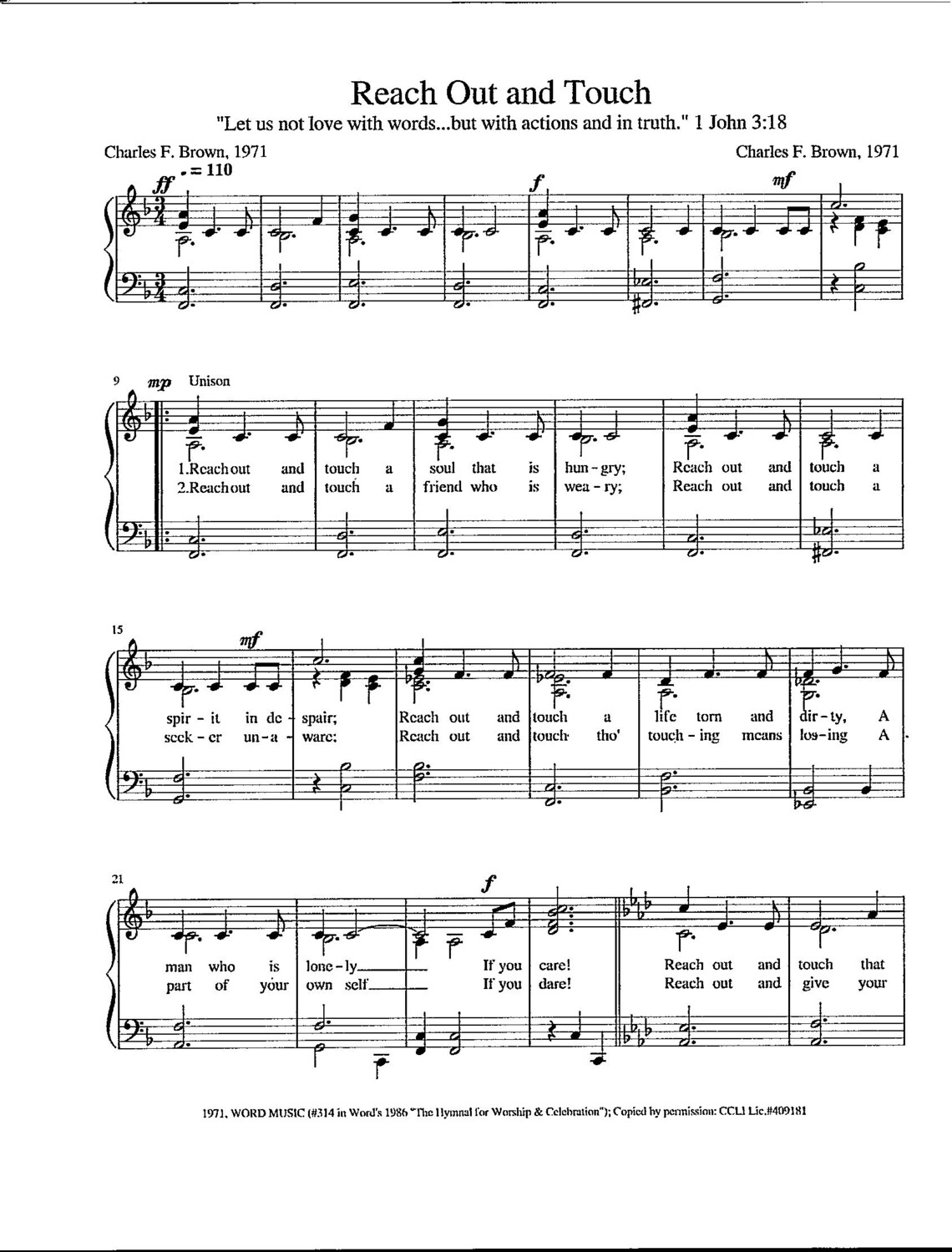 Reach Out and Touch - Digital Download Sheet Music for Piano and Verses ...