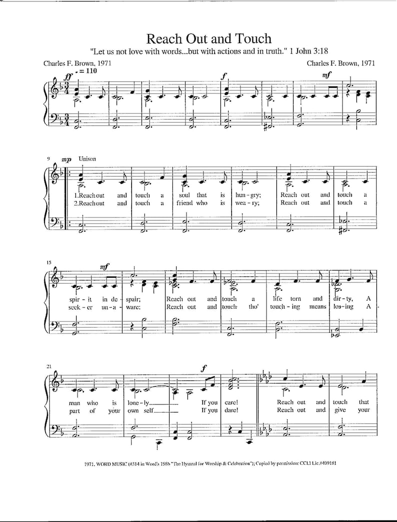 Reach Out and Touch - Digital Download Sheet Music for Piano and Verses ...