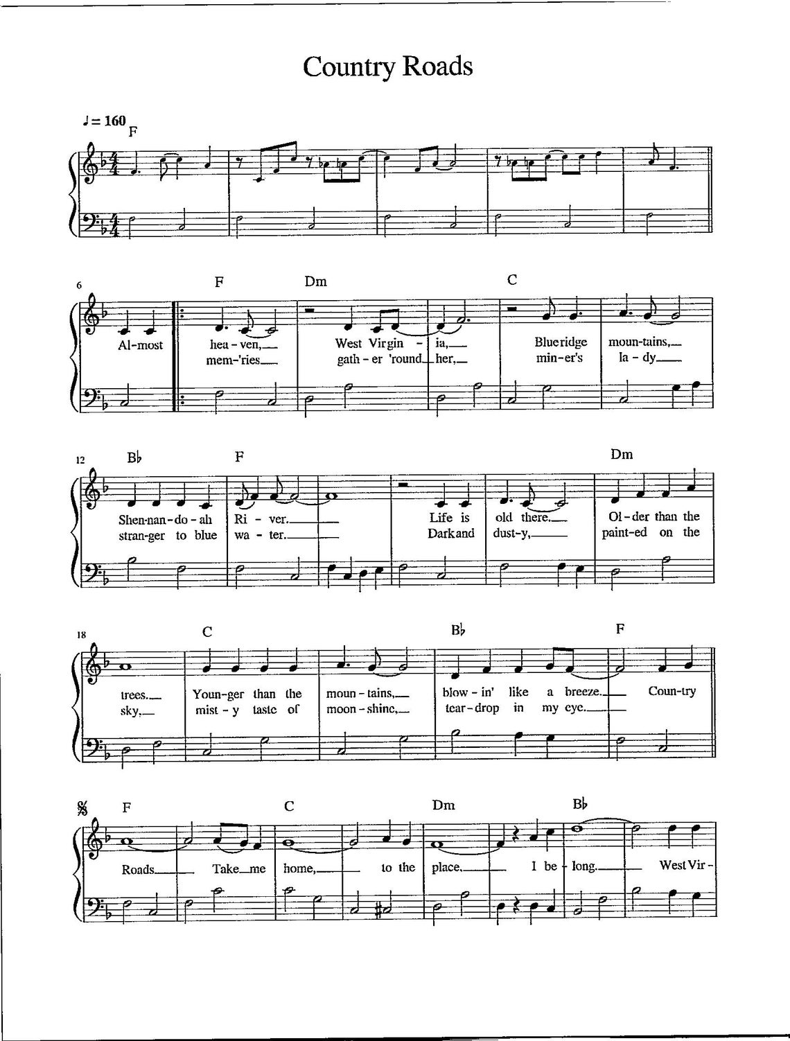 Country Roads Take Me Home - Digital Sheet Music for Piano Lyrics and ...