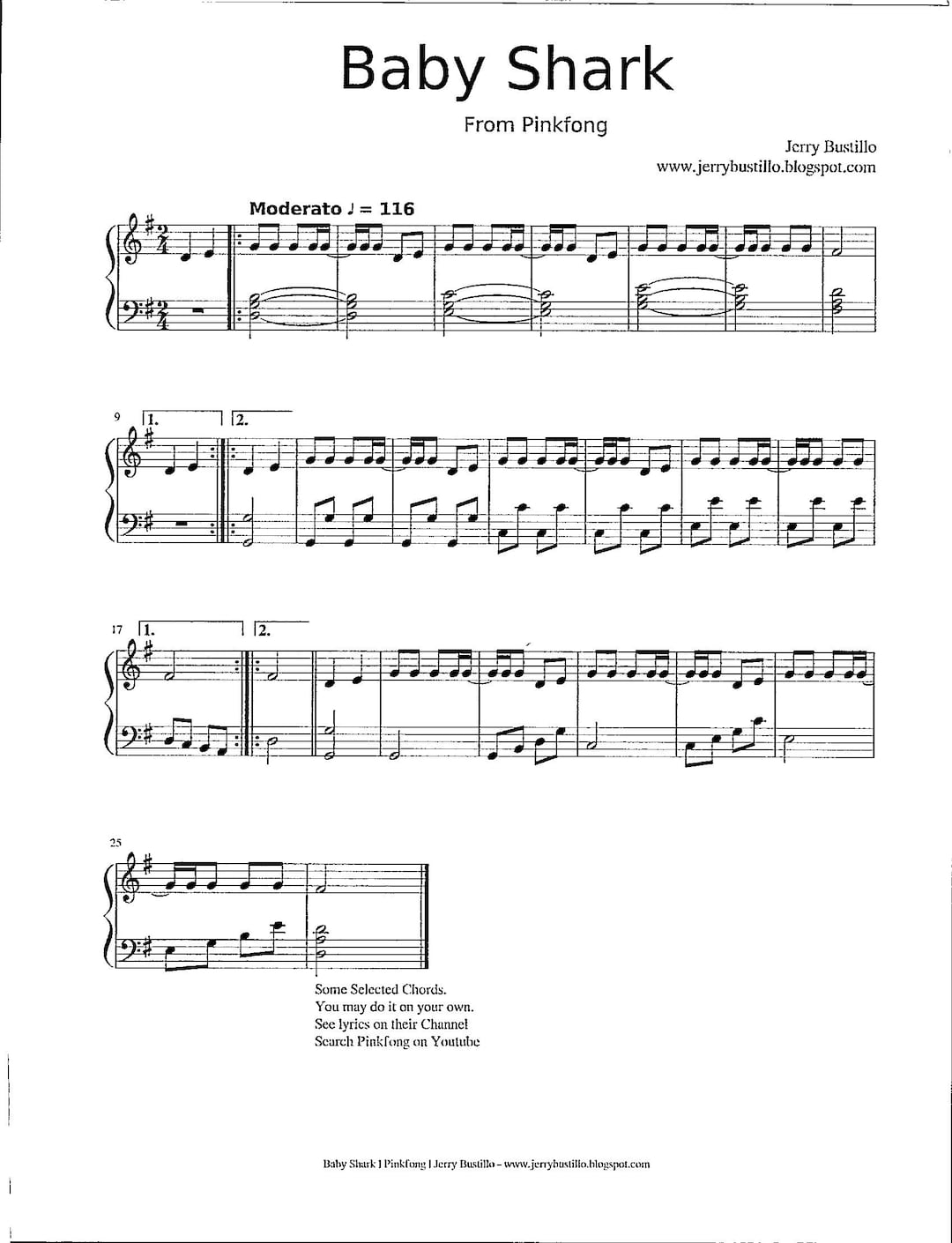 Baby Shark From Pinkfong - Digital Piano Solo Sheet Music - Key of G - Etsy