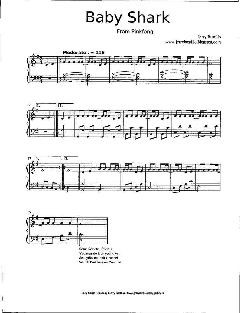 Baby Shark From Pinkfong - Digital Piano Solo Sheet Music - Key of G - Etsy