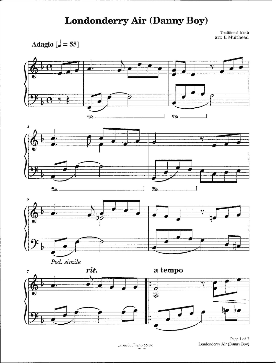 Londonderry Air (danny Boy) Piano Solo - Digital Sheet Music - Key of F ...
