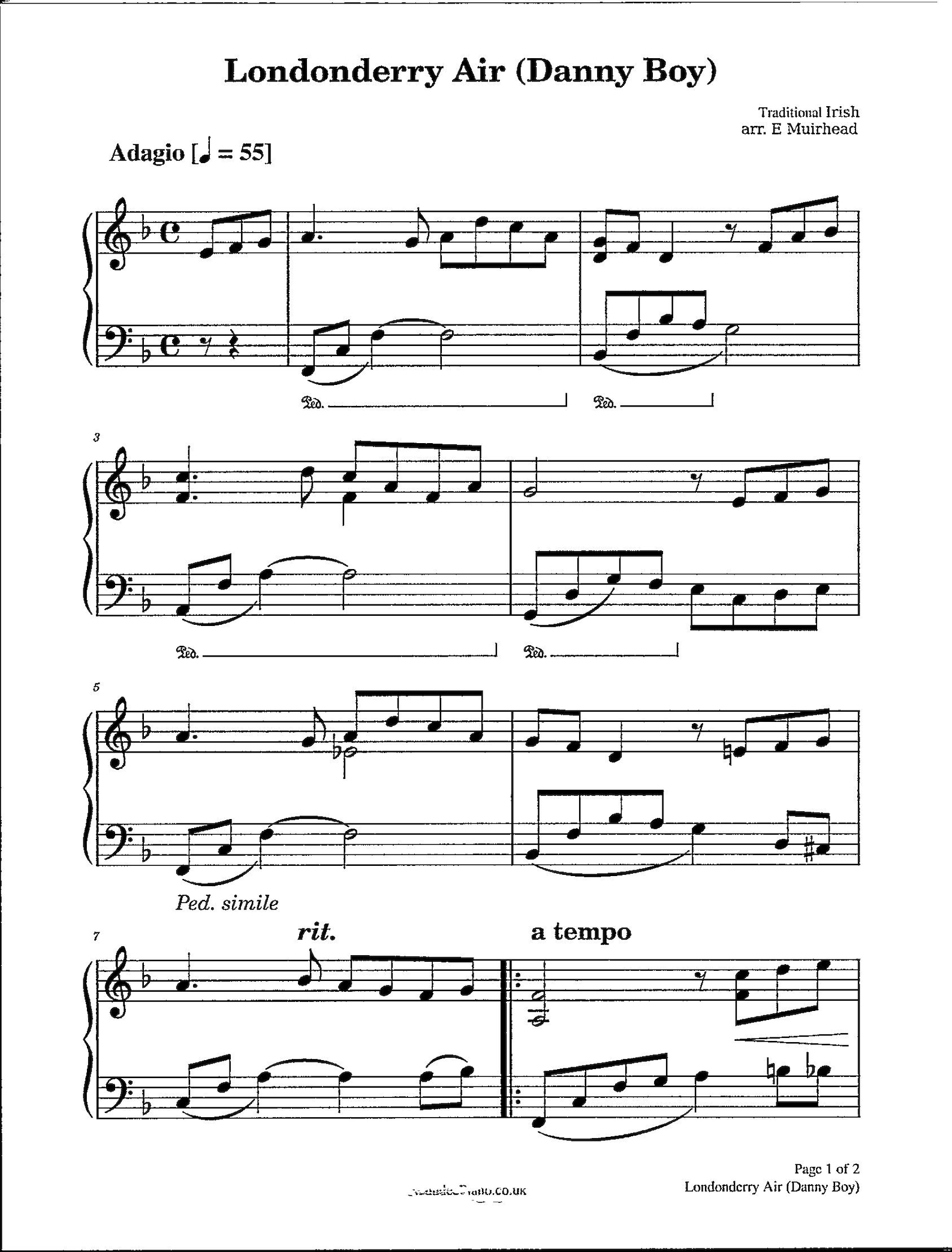 Londonderry Air (danny Boy) Piano Solo - Digital Sheet Music - Key of F ...