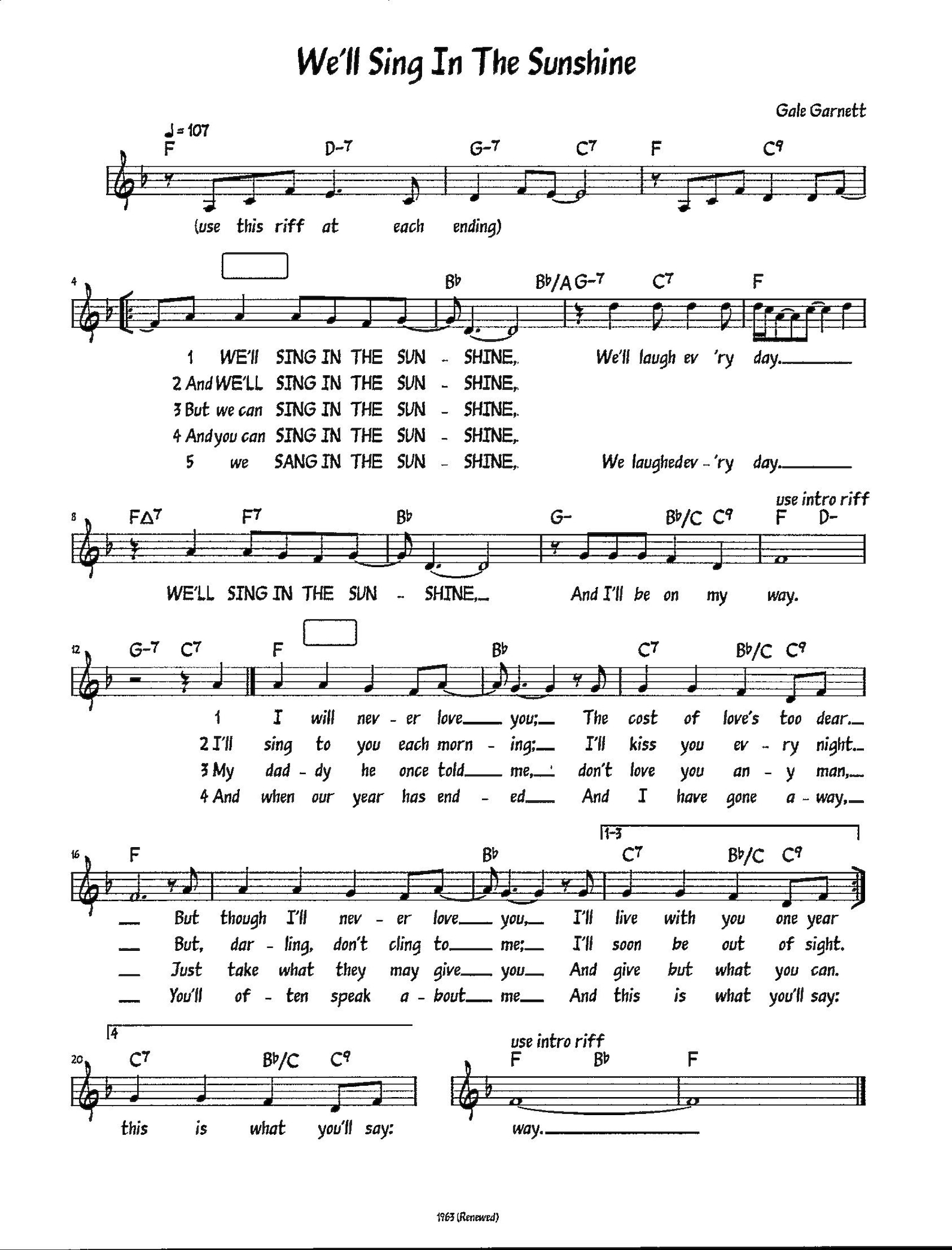We'll Sing in the Sunshine - Digital Download Tune for C Instruments ...